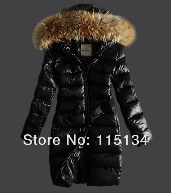 Geaca Moncler, model lung negru lucios cu gluga blana naturala - Geaca ...